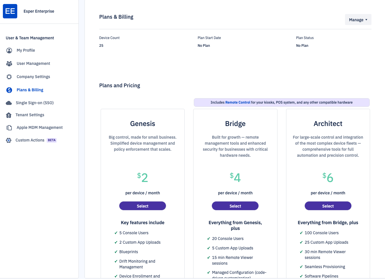 Introduction to the Plans and Billing Section – Esper Help